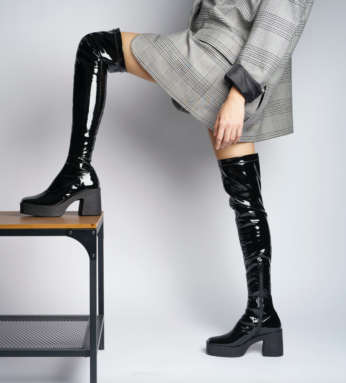 Akaada Yoshi Black Thigh-High Stretch Patent Boots