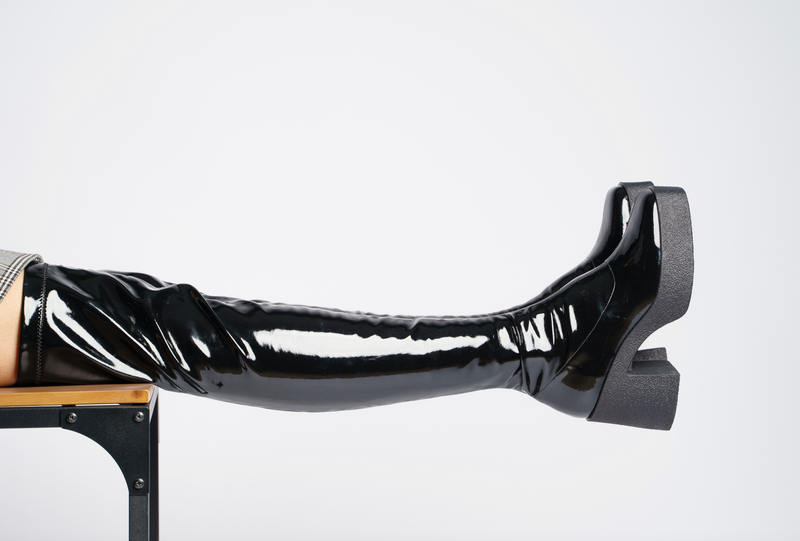 Akaada Yoshi Black Thigh-High Stretch Patent Boots