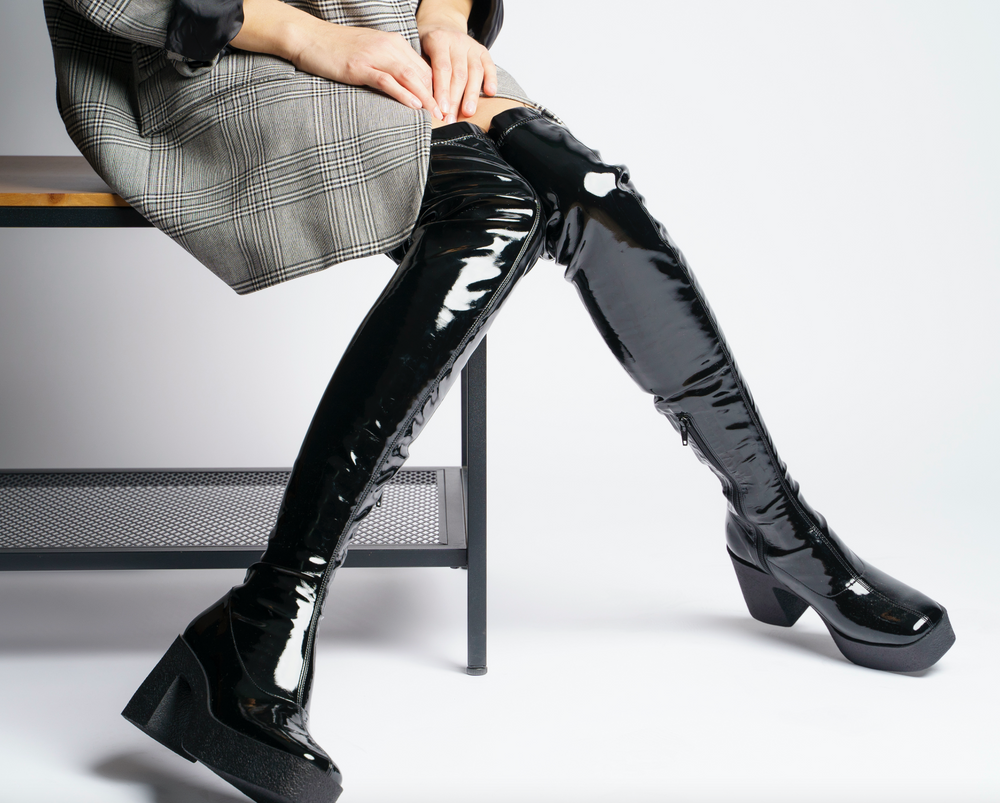 Akaada Yoshi Black Thigh-High Stretch Patent Boots
